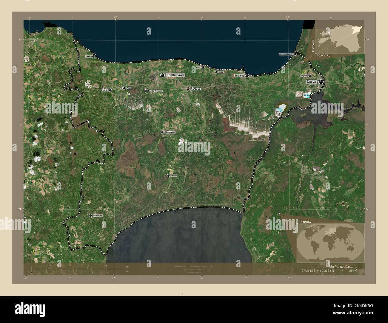 Ida-Viru, county of Estonia. High resolution satellite map. Locations ...