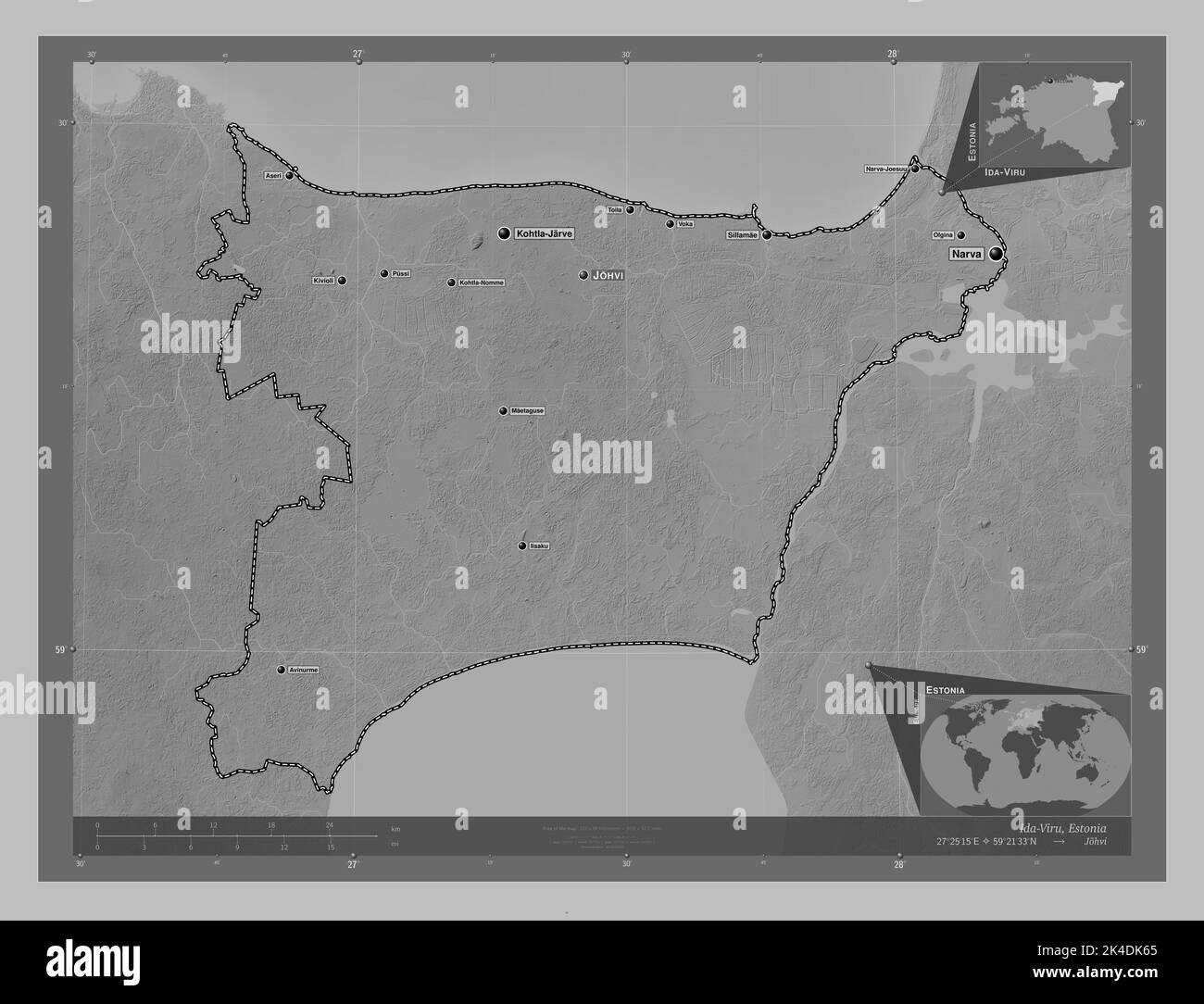 Ida-Viru, county of Estonia. Grayscale elevation map with lakes and ...