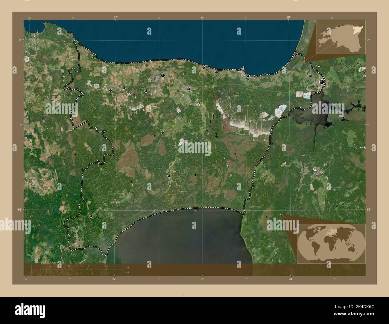 Ida-Viru, county of Estonia. Low resolution satellite map. Locations of ...