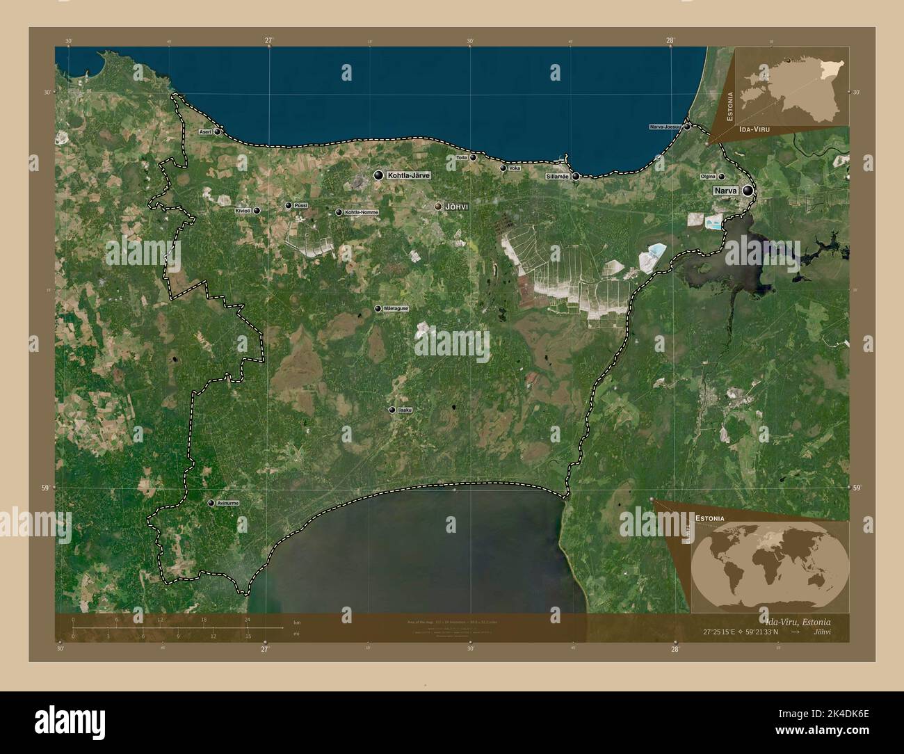 Ida-Viru, county of Estonia. Low resolution satellite map. Locations ...