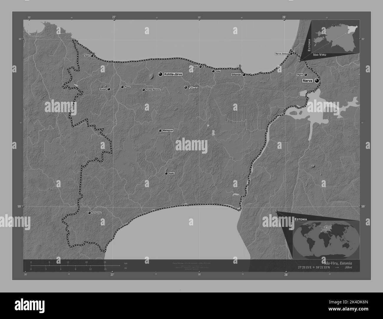 Ida-Viru, county of Estonia. Bilevel elevation map with lakes and ...