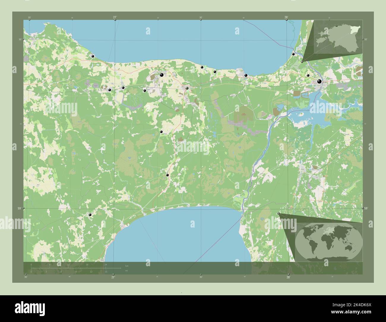 Ida-Viru, county of Estonia. Open Street Map. Locations of major cities ...