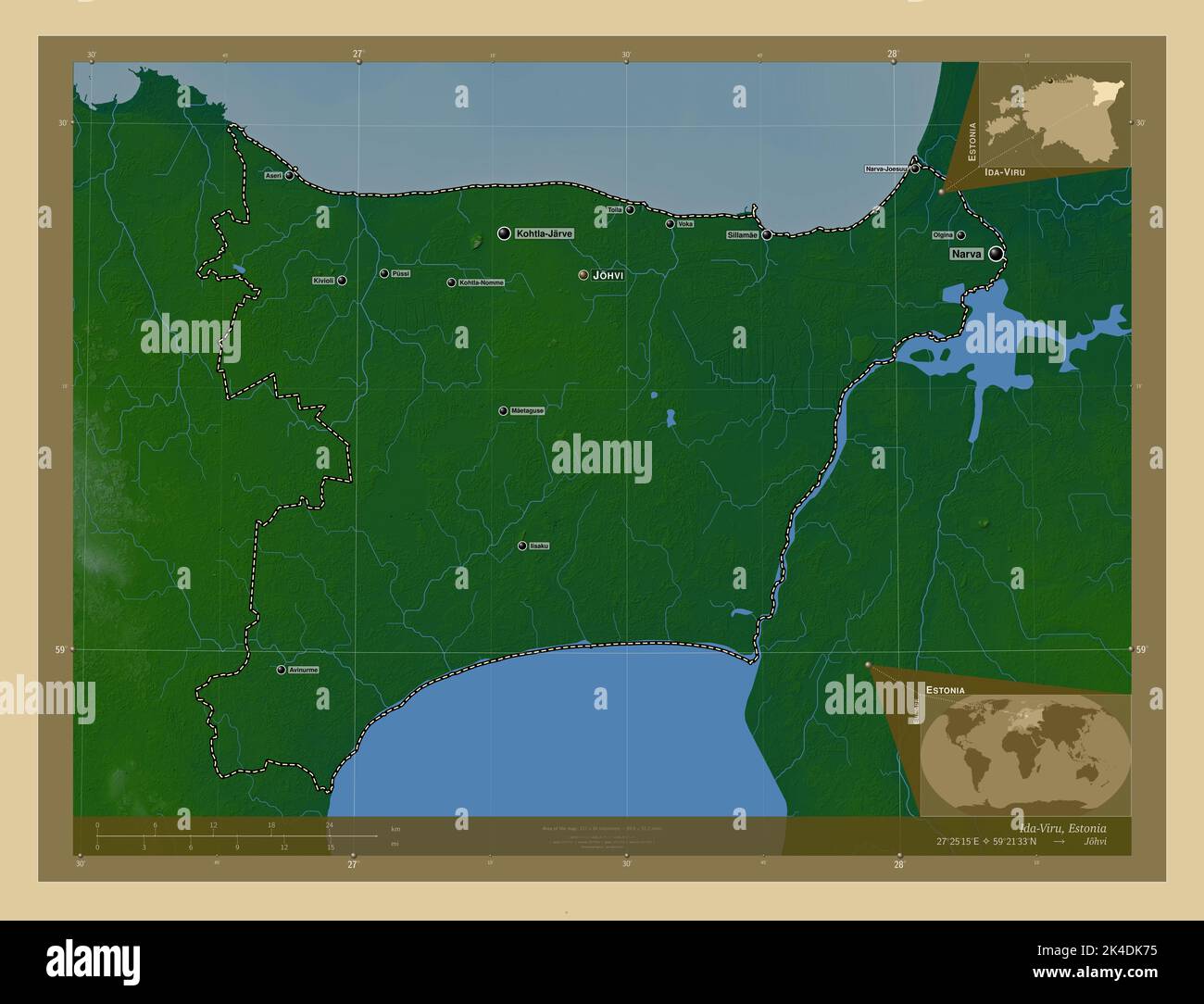 Ida-Viru, county of Estonia. Colored elevation map with lakes and ...
