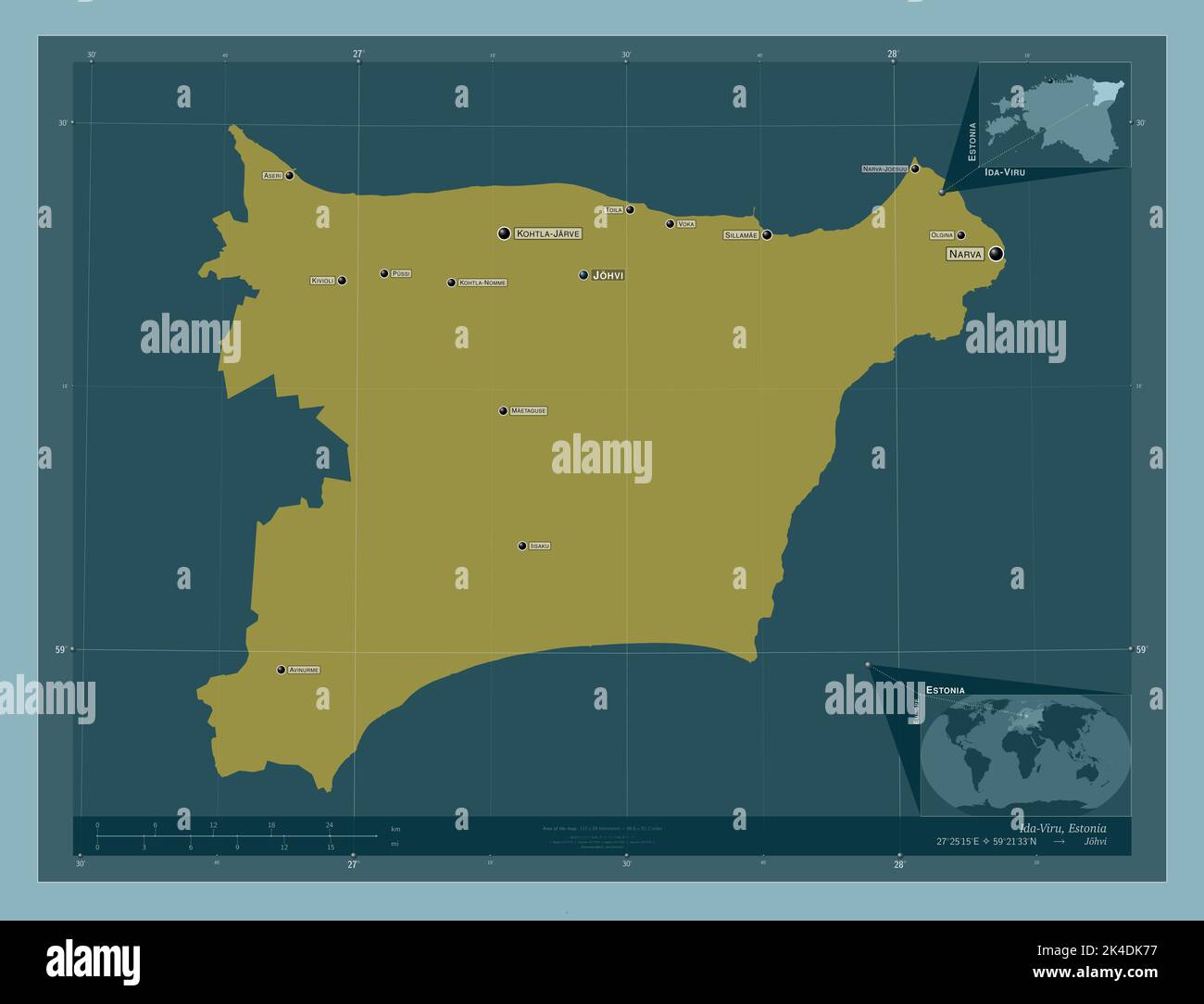 Ida-Viru, county of Estonia. Solid color shape. Locations and names of ...