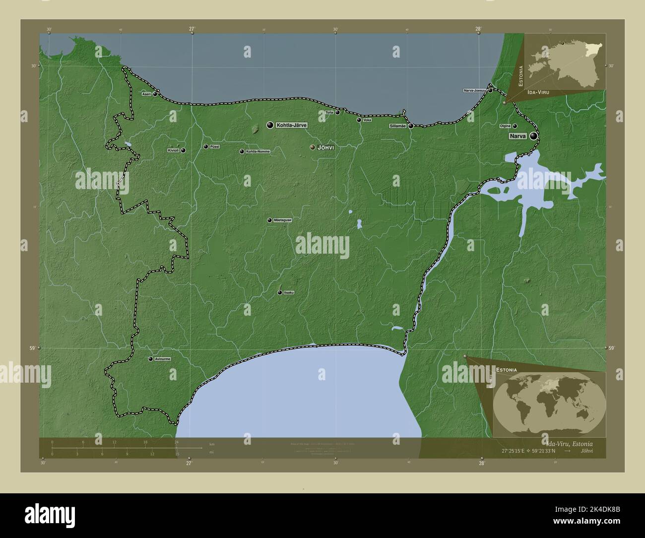 Ida-Viru, county of Estonia. Elevation map colored in wiki style with ...