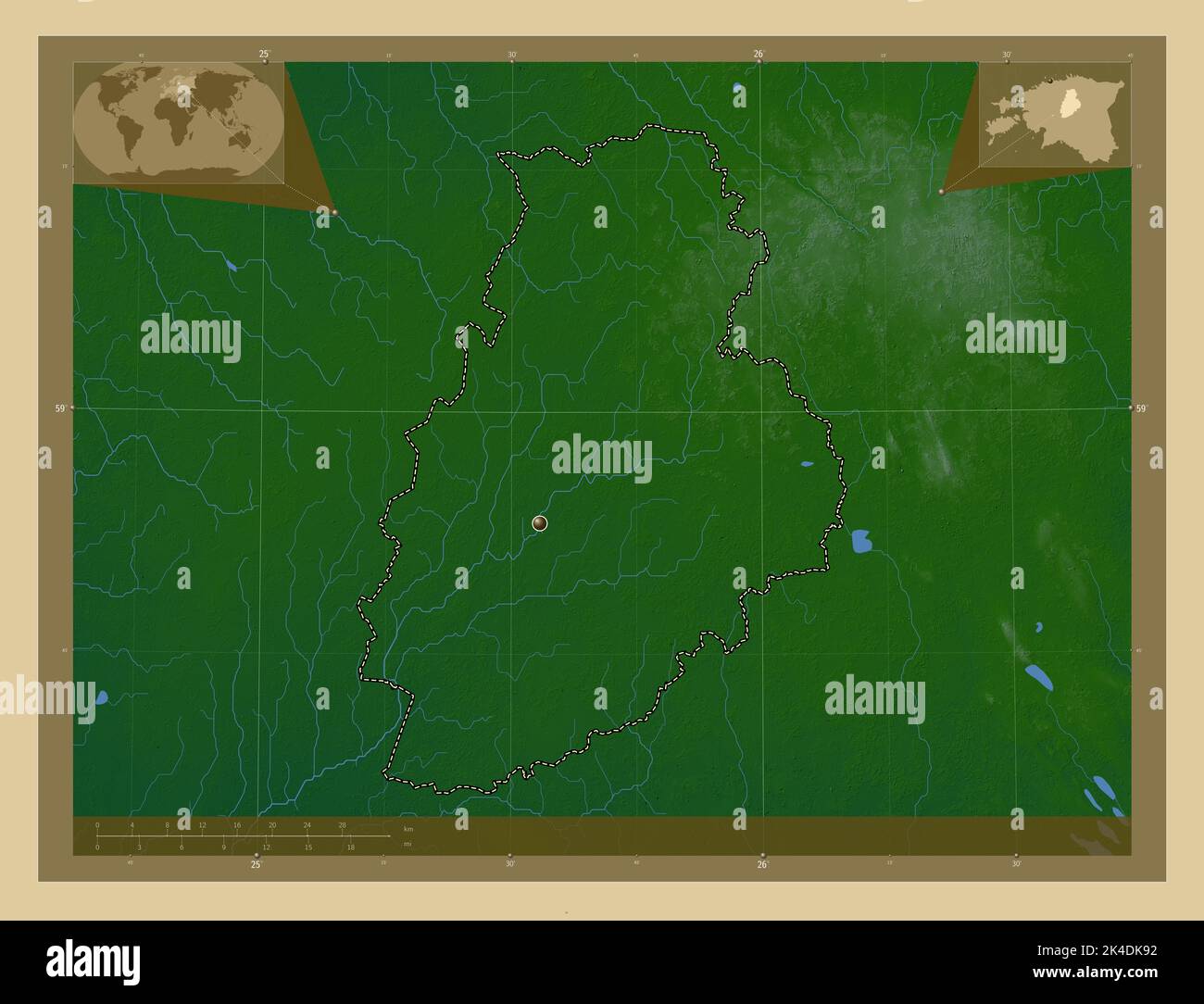 Jarva, county of Estonia. Colored elevation map with lakes and rivers ...