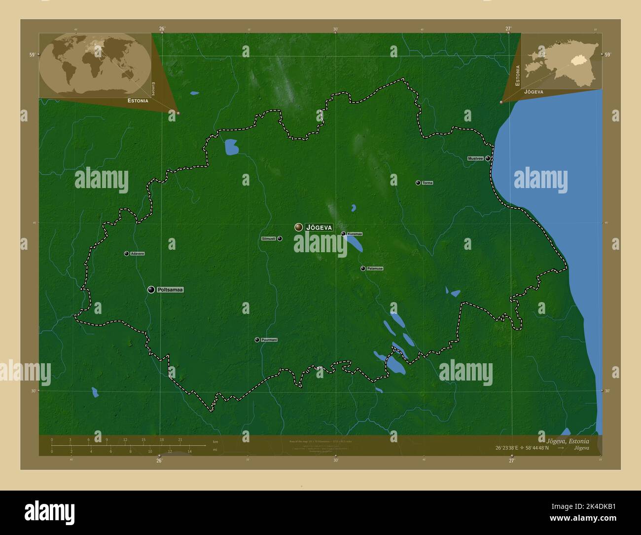 Jogeva, county of Estonia. Colored elevation map with lakes and rivers ...