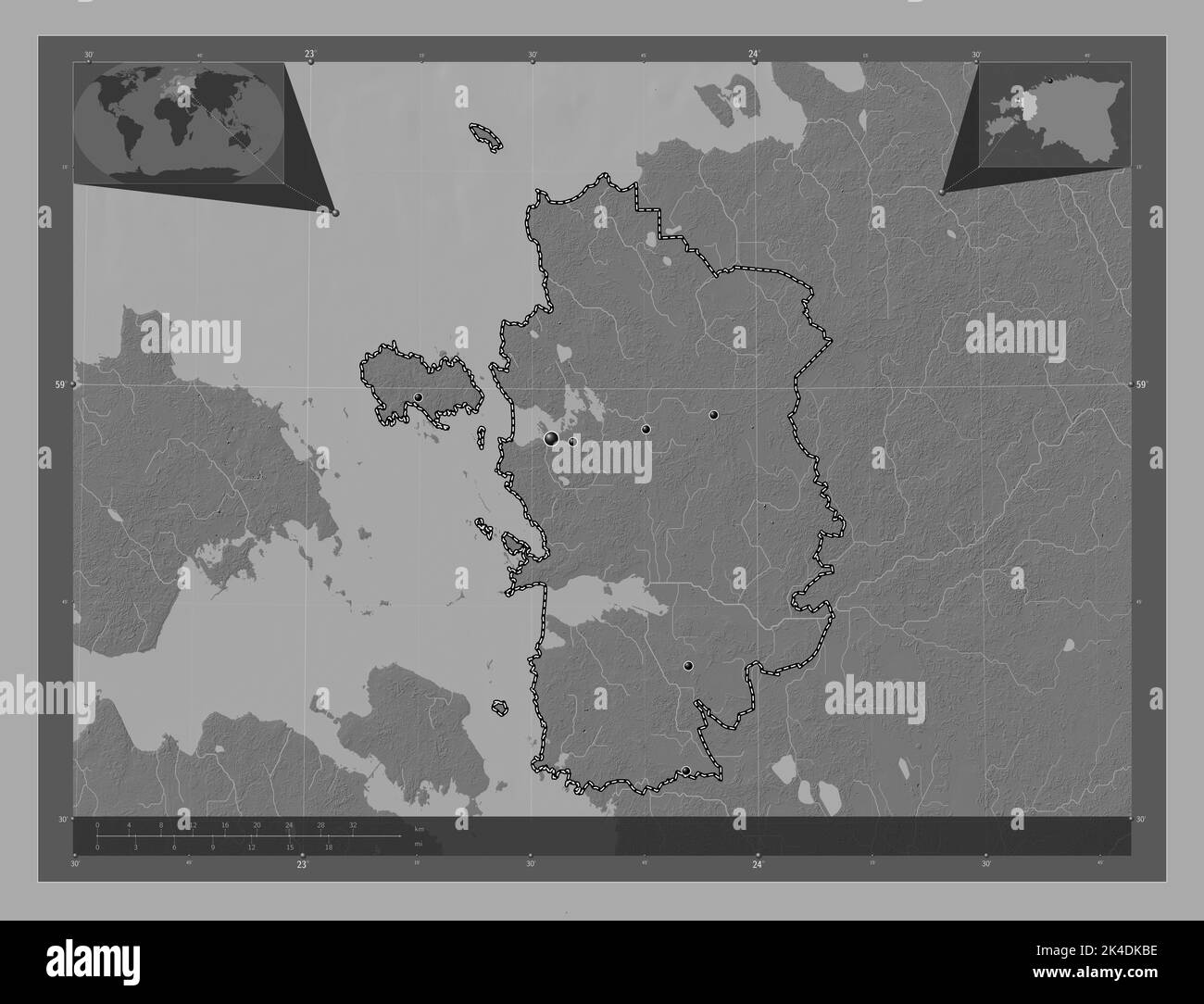 Laane, county of Estonia. Bilevel elevation map with lakes and rivers ...