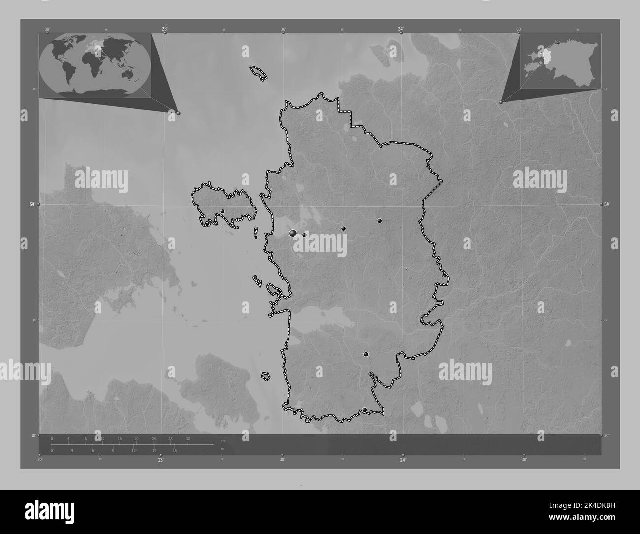 Laane, county of Estonia. Grayscale elevation map with lakes and rivers ...