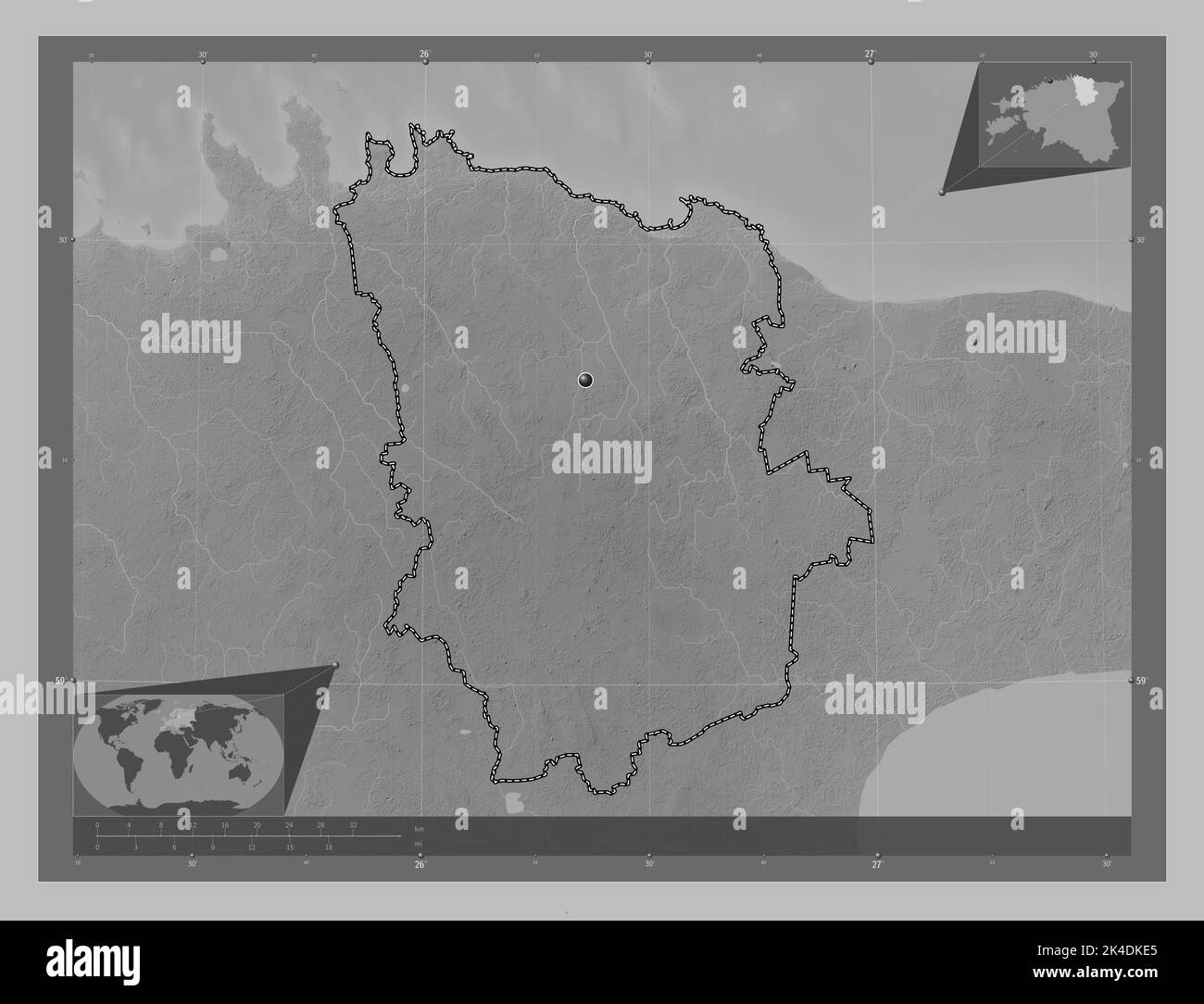 Laane-Viru, county of Estonia. Grayscale elevation map with lakes and ...