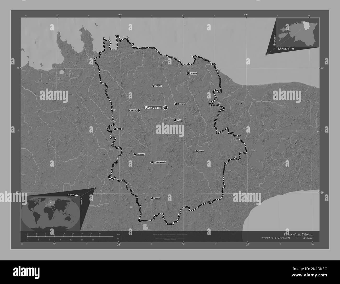 Laane-Viru, county of Estonia. Bilevel elevation map with lakes and ...