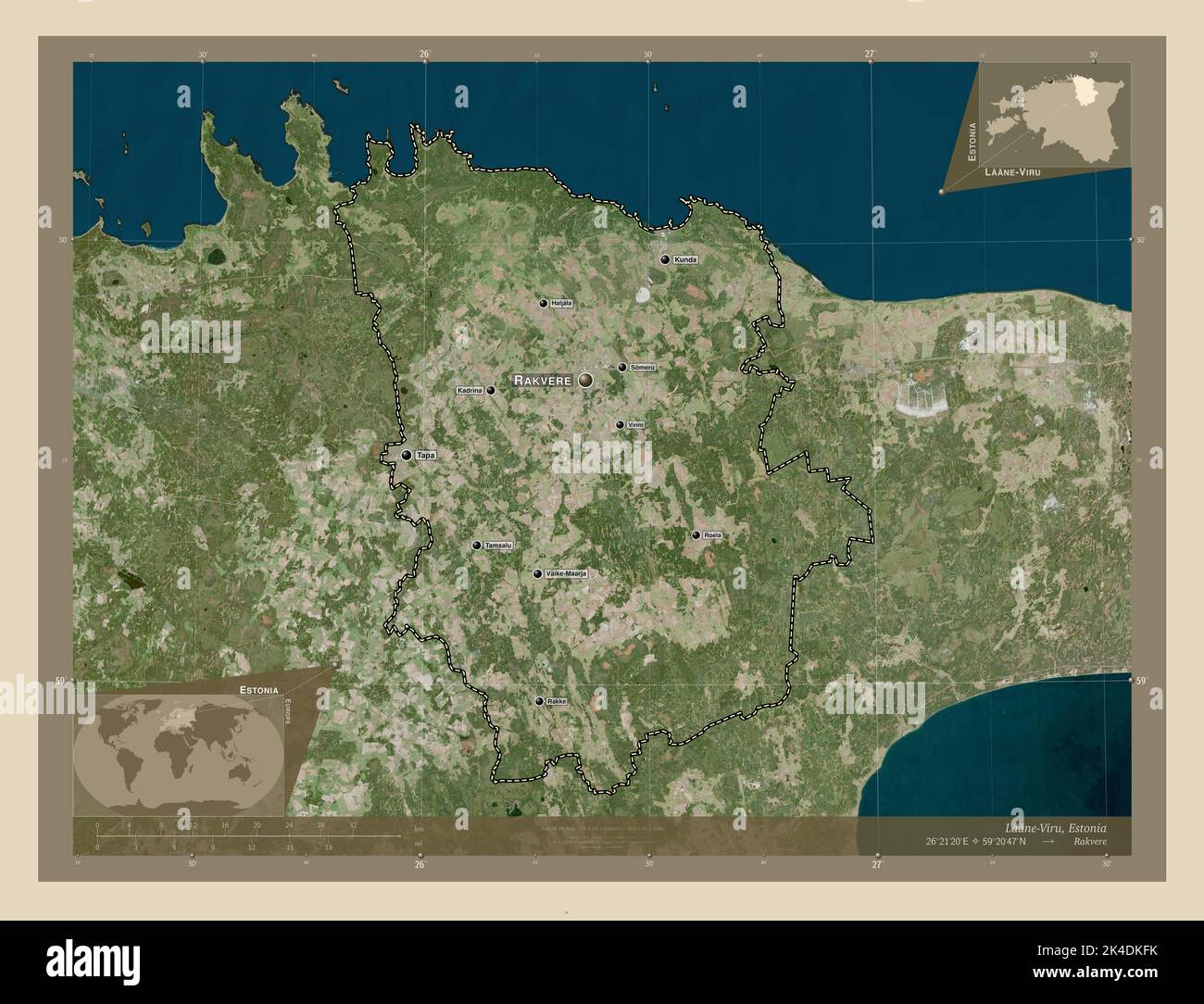 Laane-Viru, county of Estonia. High resolution satellite map. Locations ...