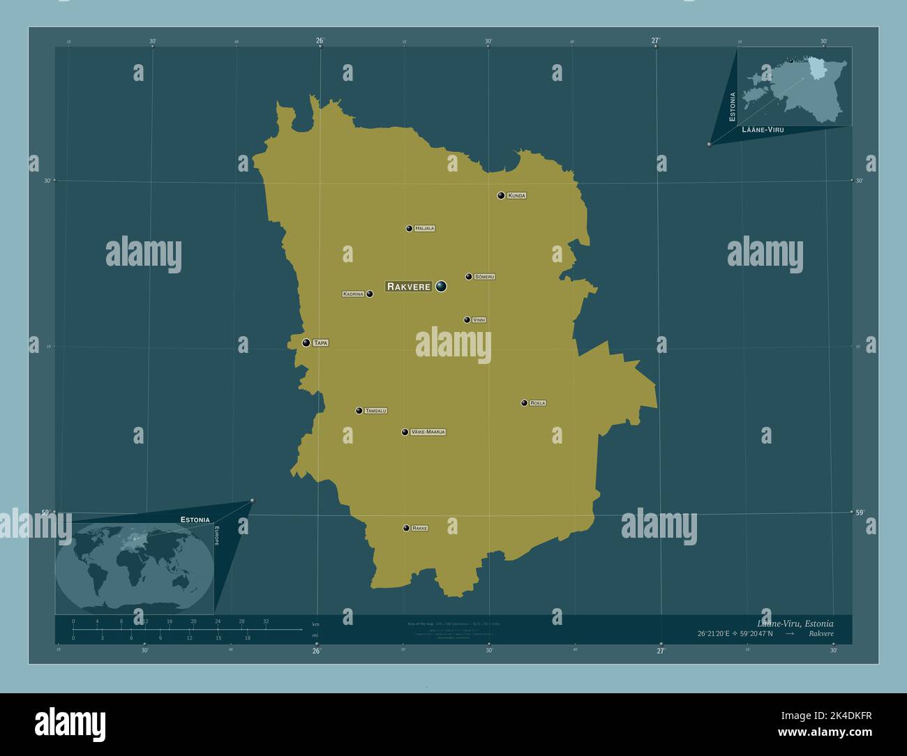 Laane-Viru, county of Estonia. Solid color shape. Locations and names ...