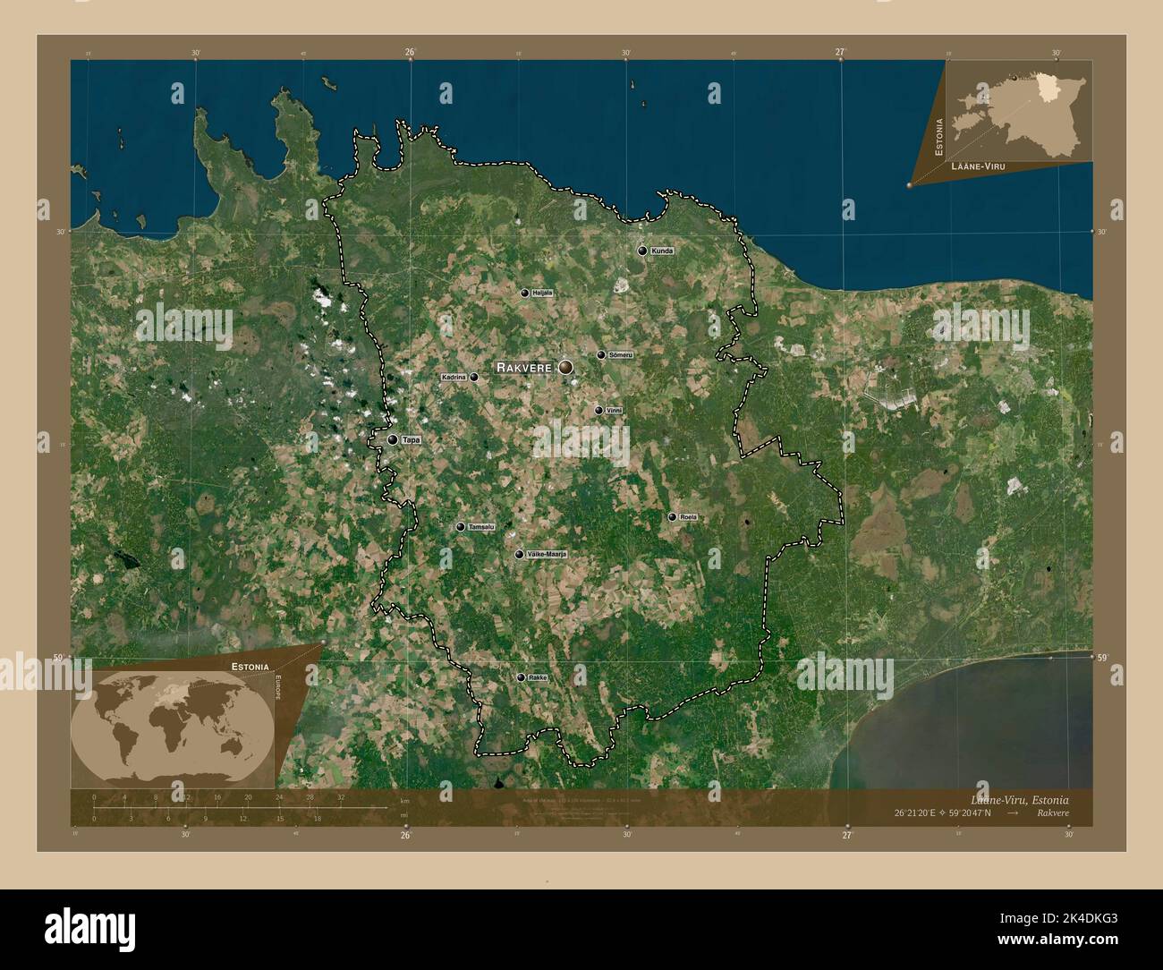 Laane-Viru, county of Estonia. Low resolution satellite map. Locations ...