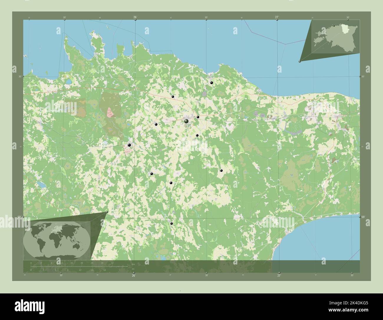 Laane-Viru, county of Estonia. Open Street Map. Locations of major ...
