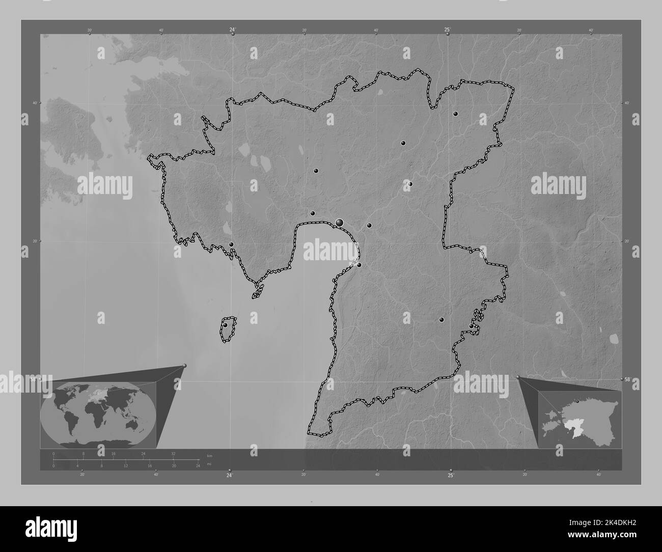 Parnu, county of Estonia. Grayscale elevation map with lakes and rivers ...