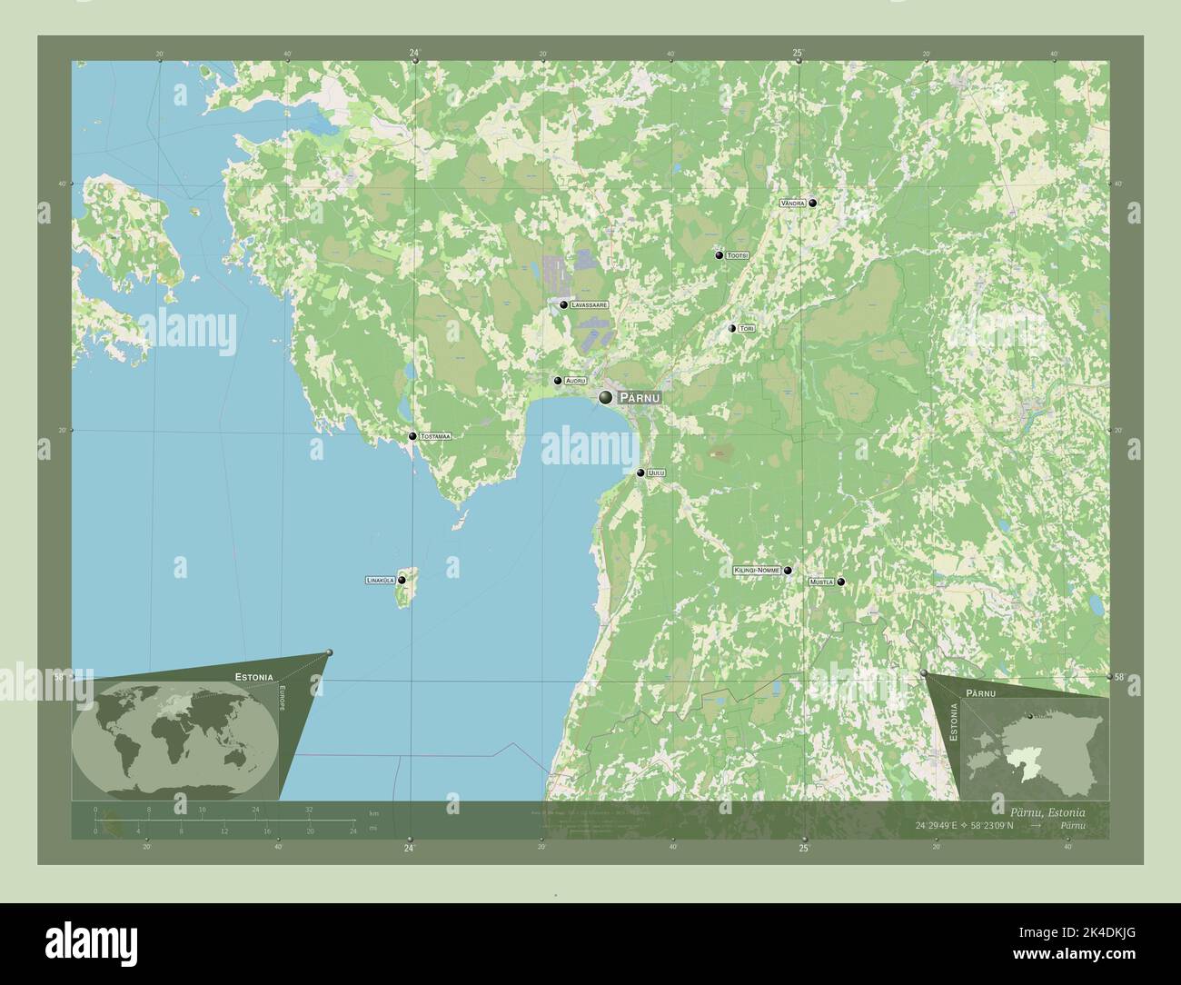 Parnu, county of Estonia. Open Street Map. Locations and names of major cities of the region ...