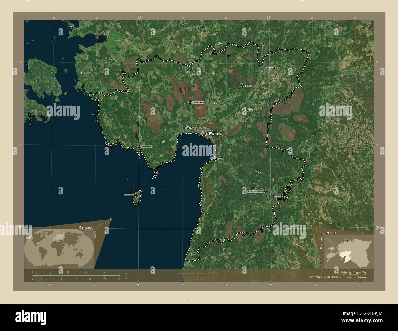 Parnu, county of Estonia. High resolution satellite map. Locations and ...