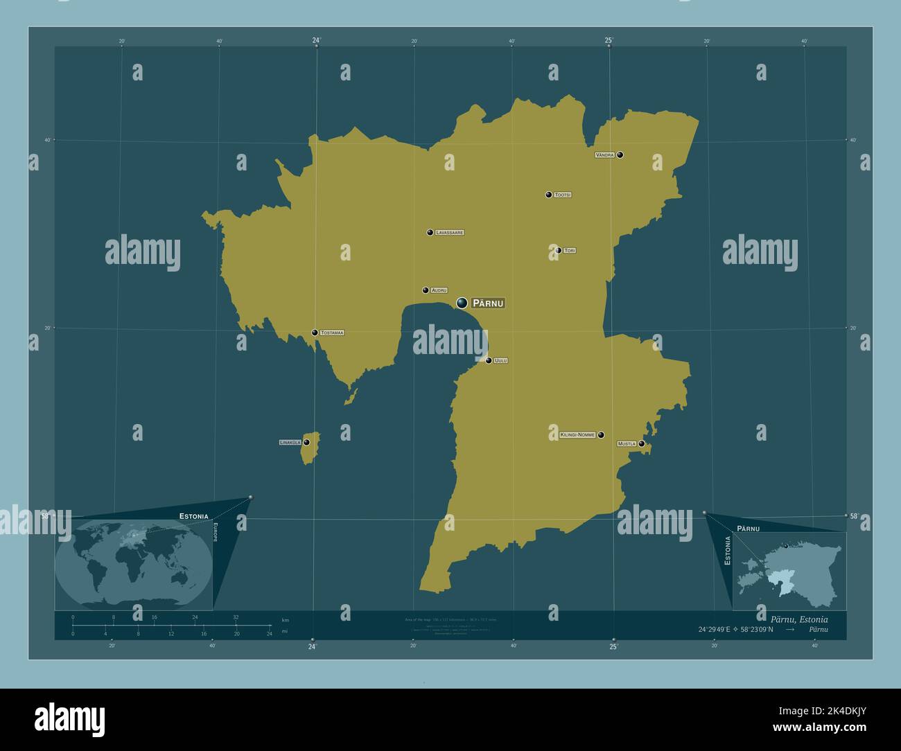 Parnu, county of Estonia. Solid color shape. Locations and names of major cities of the region ...