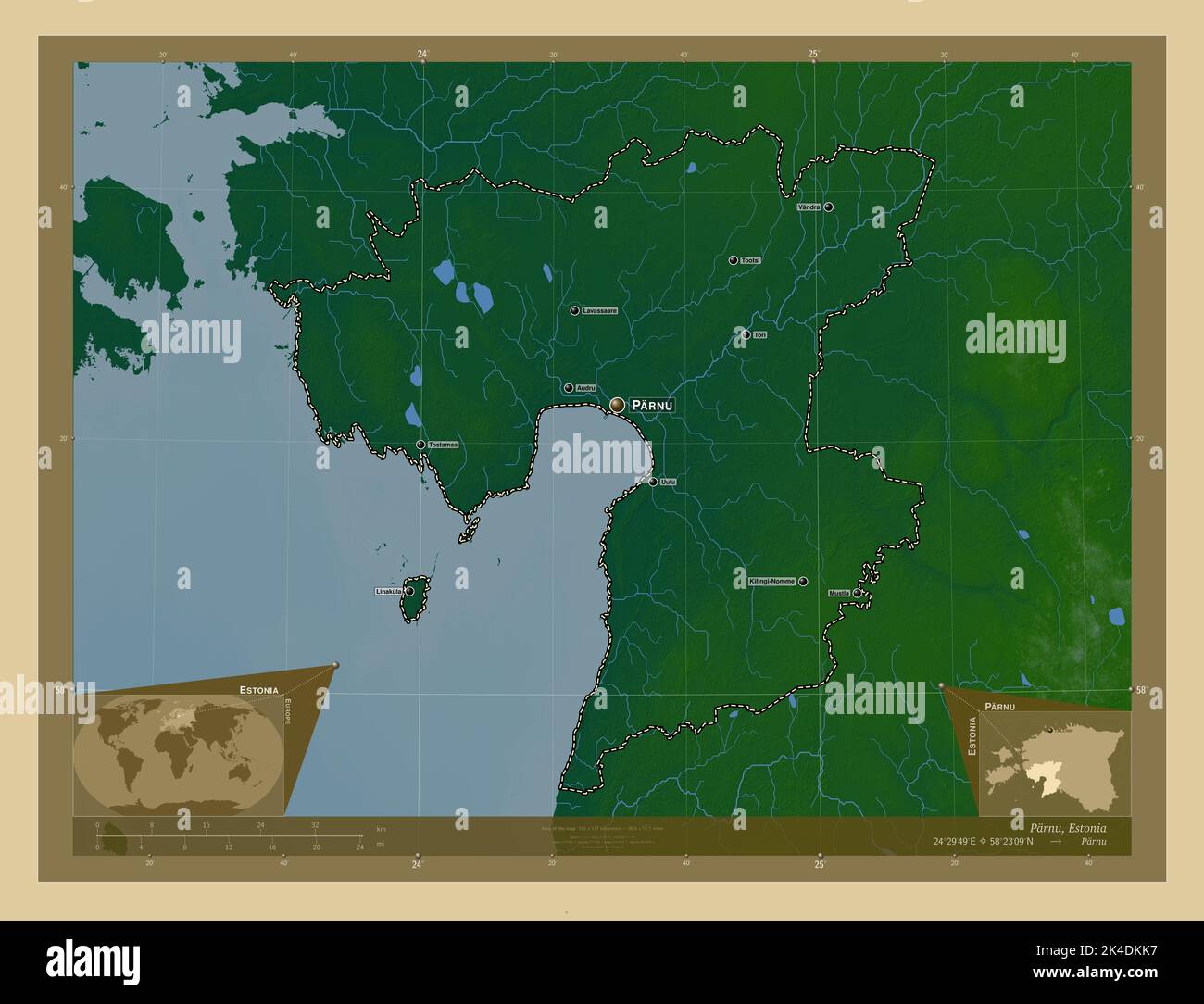 Parnu, county of Estonia. Colored elevation map with lakes and rivers. Locations and names of ...