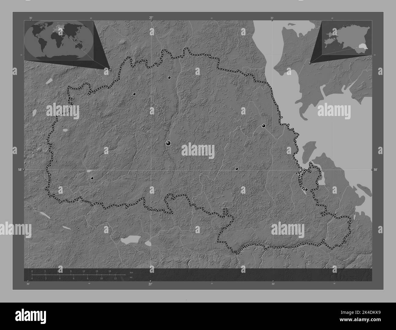 Polva, county of Estonia. Bilevel elevation map with lakes and rivers ...