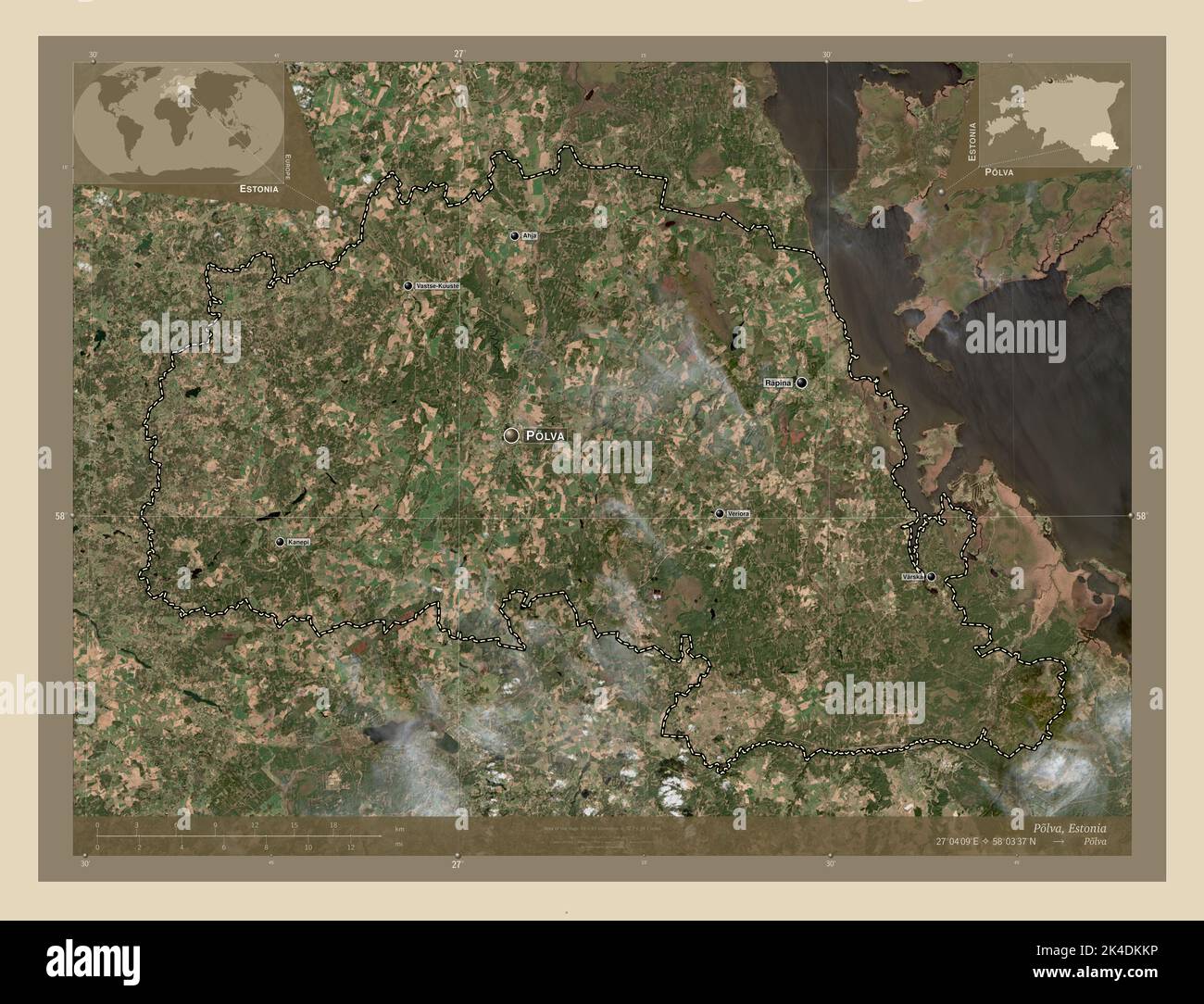 Polva, county of Estonia. High resolution satellite map. Locations and ...