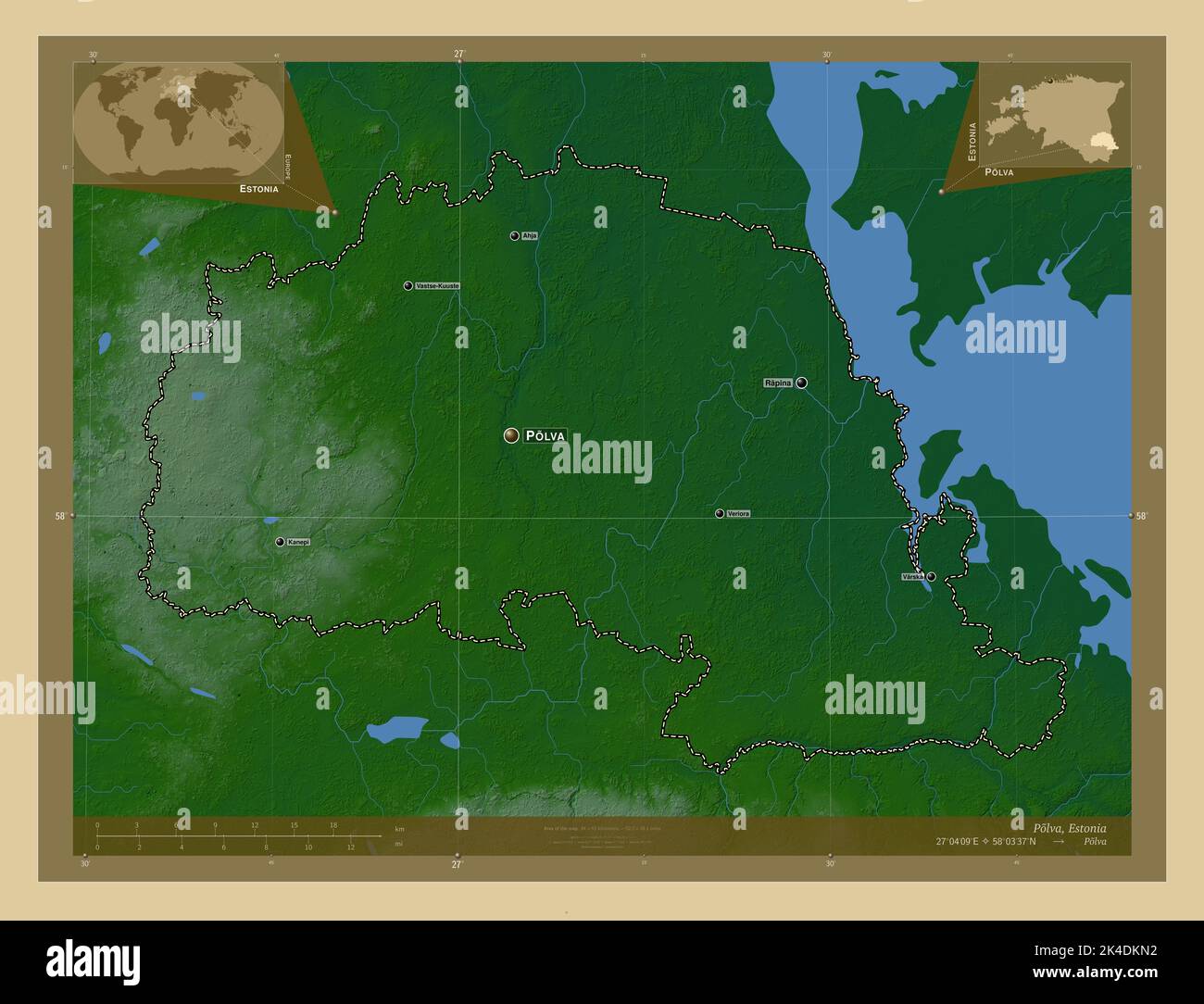 Polva, county of Estonia. Colored elevation map with lakes and rivers ...