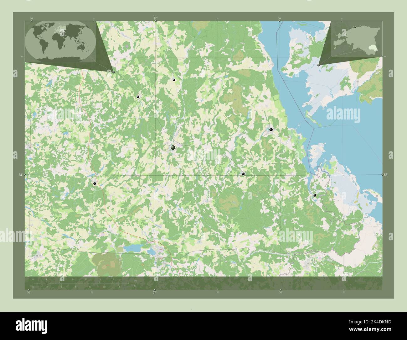 Polva, county of Estonia. Open Street Map. Locations of major cities of ...