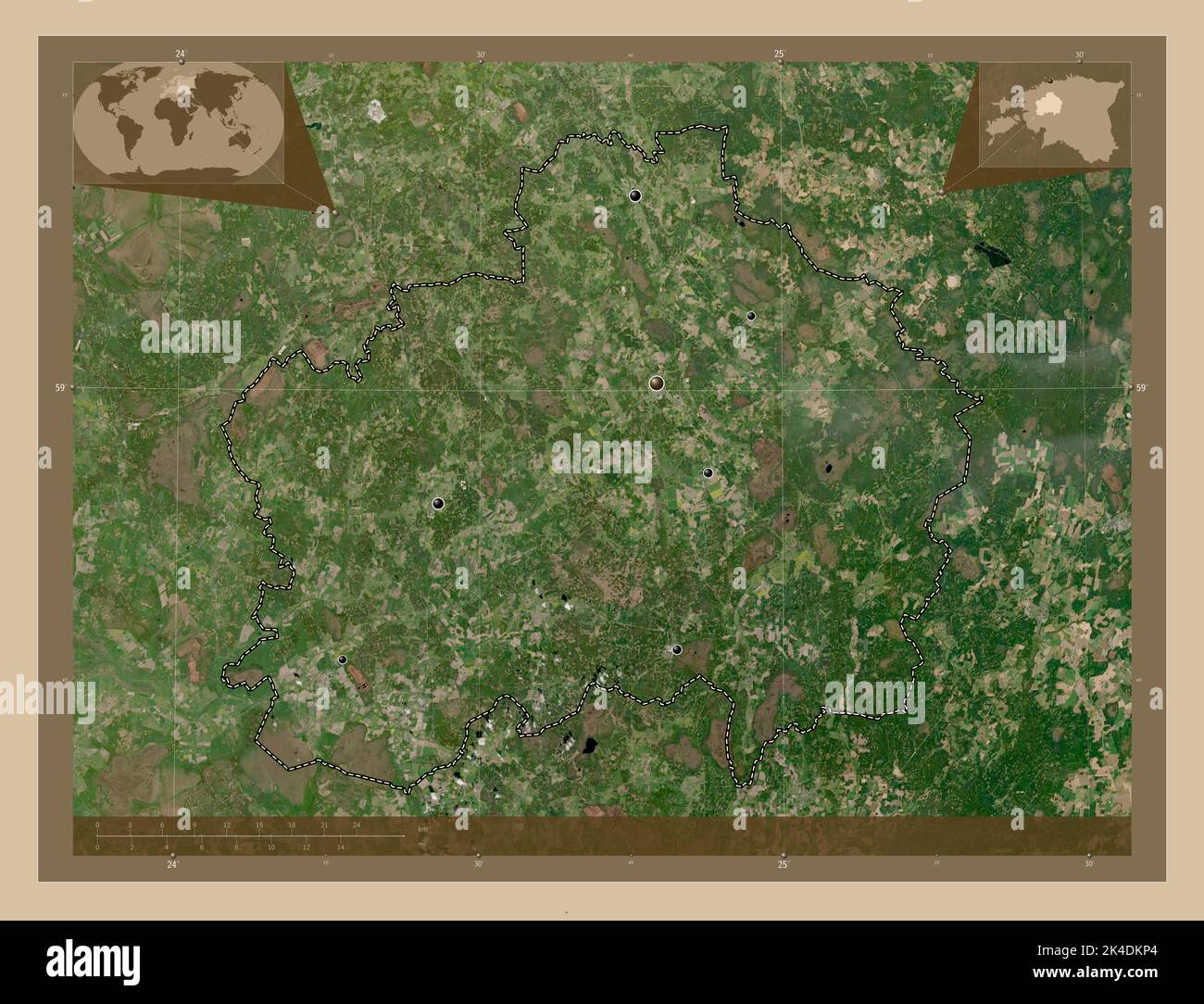 Rapla, county of Estonia. Low resolution satellite map. Locations of ...