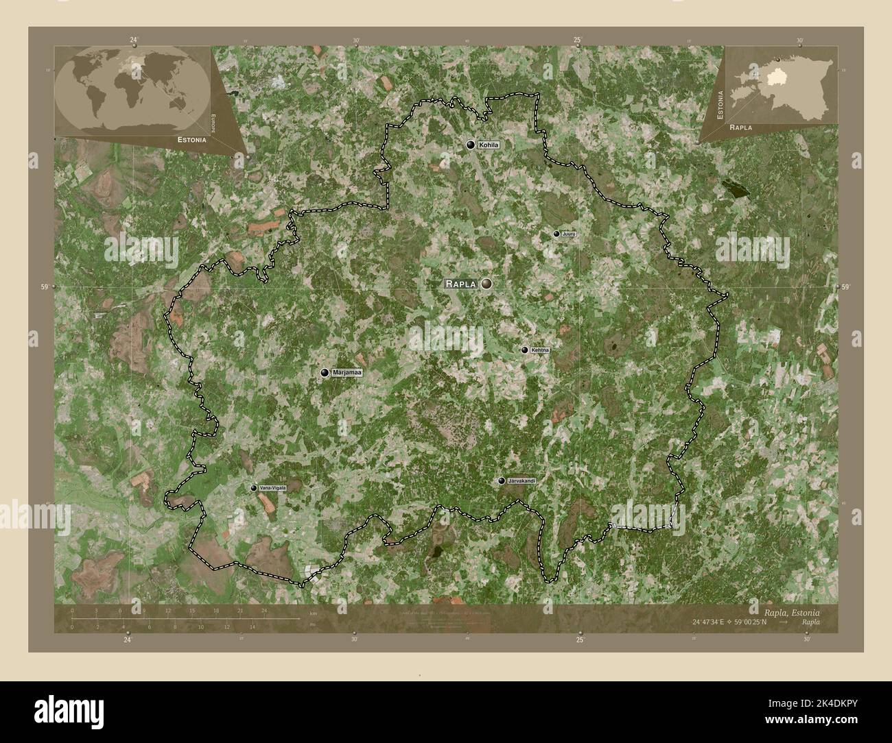 Rapla, county of Estonia. High resolution satellite map. Locations and ...