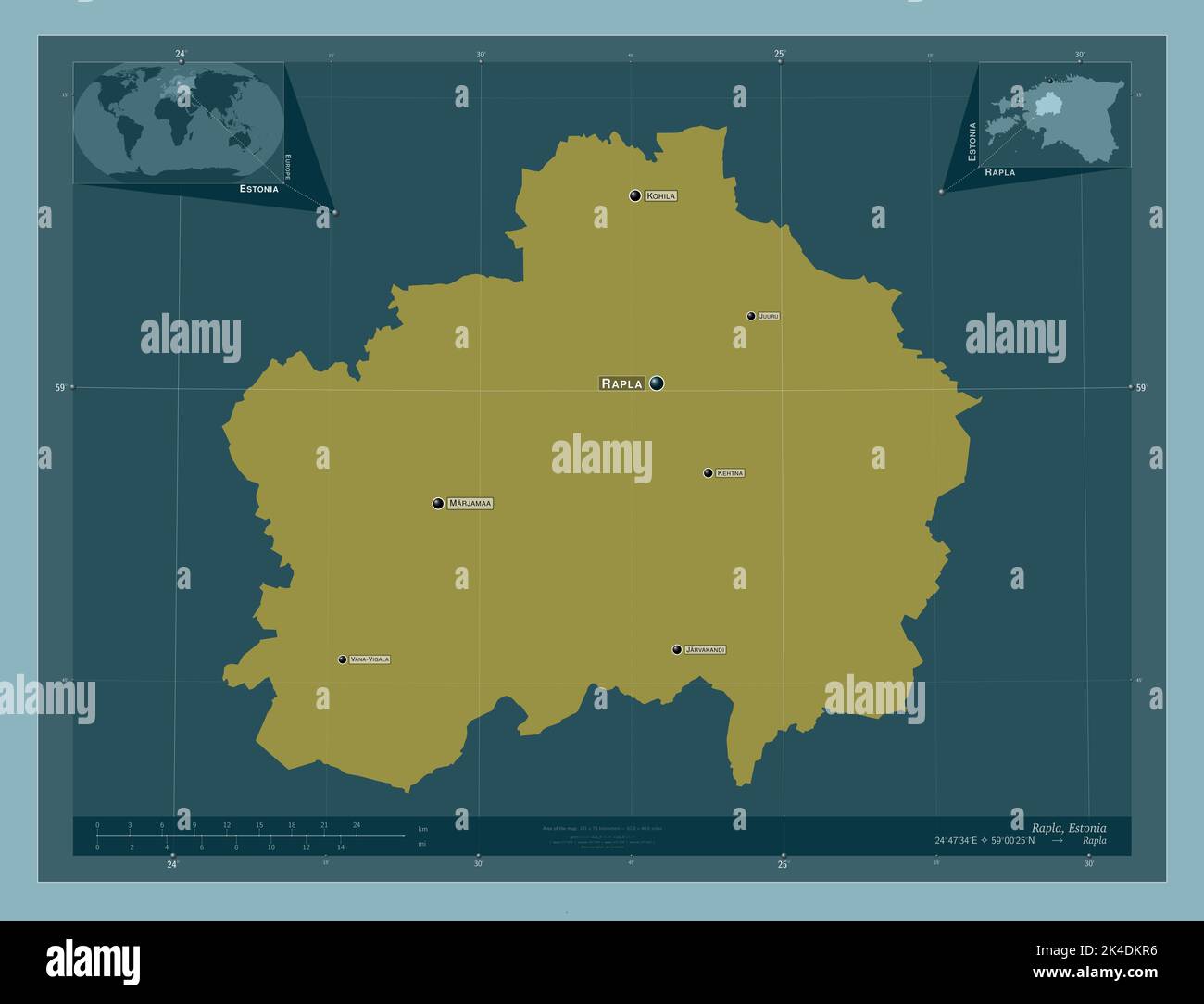 Rapla, county of Estonia. Solid color shape. Locations and names of ...