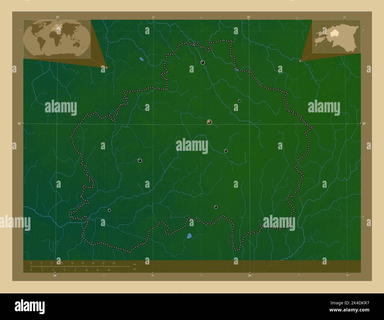 Rapla, county of Estonia. Colored elevation map with lakes and rivers ...