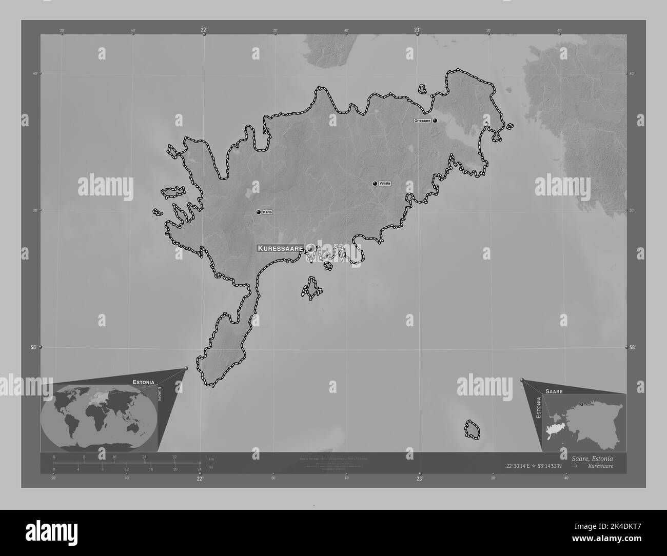 Saare, county of Estonia. Grayscale elevation map with lakes and rivers ...