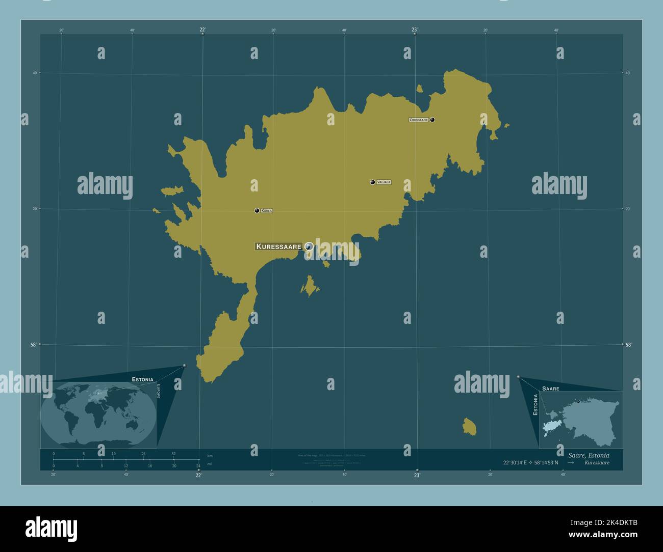 Saare, county of Estonia. Solid color shape. Locations and names of ...