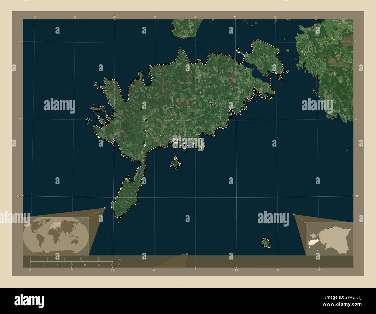 Saare, county of Estonia. High resolution satellite map. Locations of ...