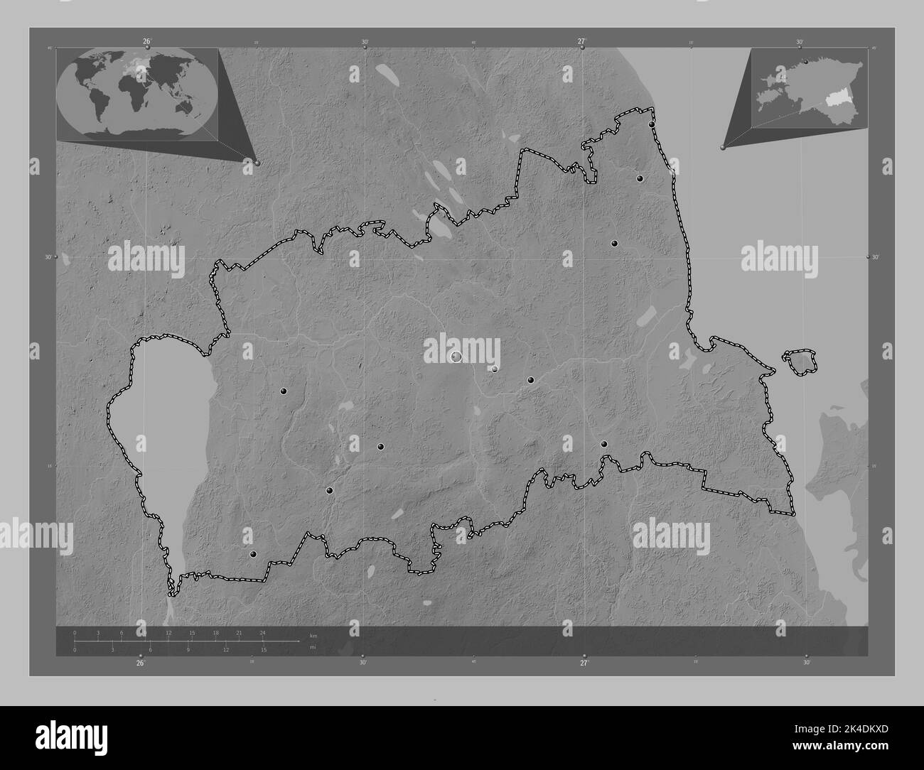 Tartu, county of Estonia. Grayscale elevation map with lakes and rivers ...