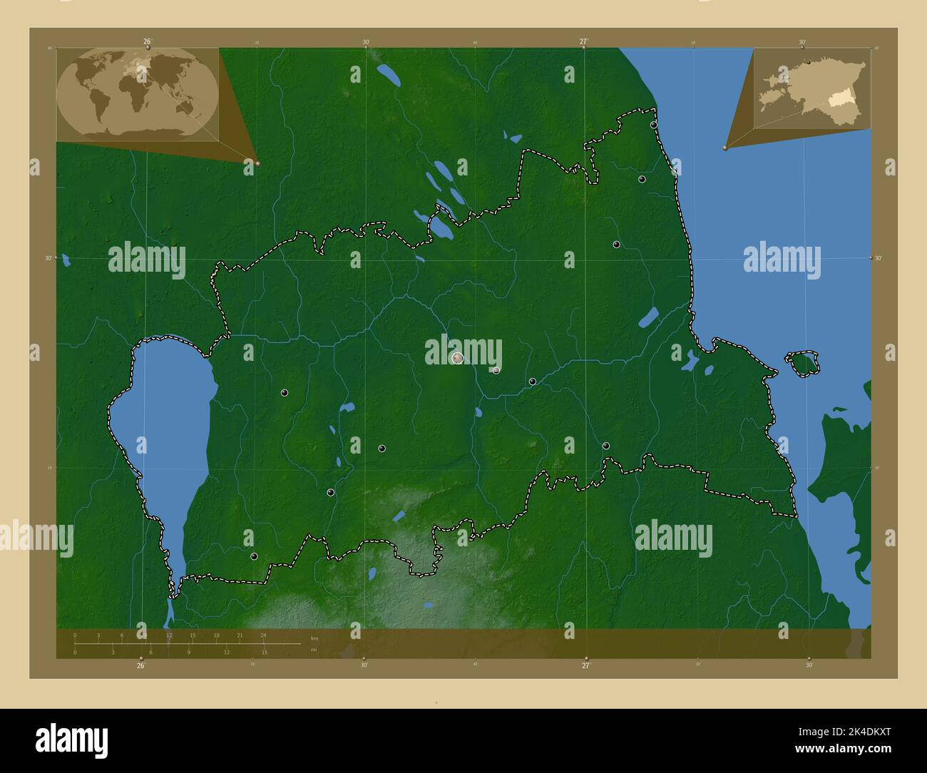 Tartu, county of Estonia. Colored elevation map with lakes and rivers ...
