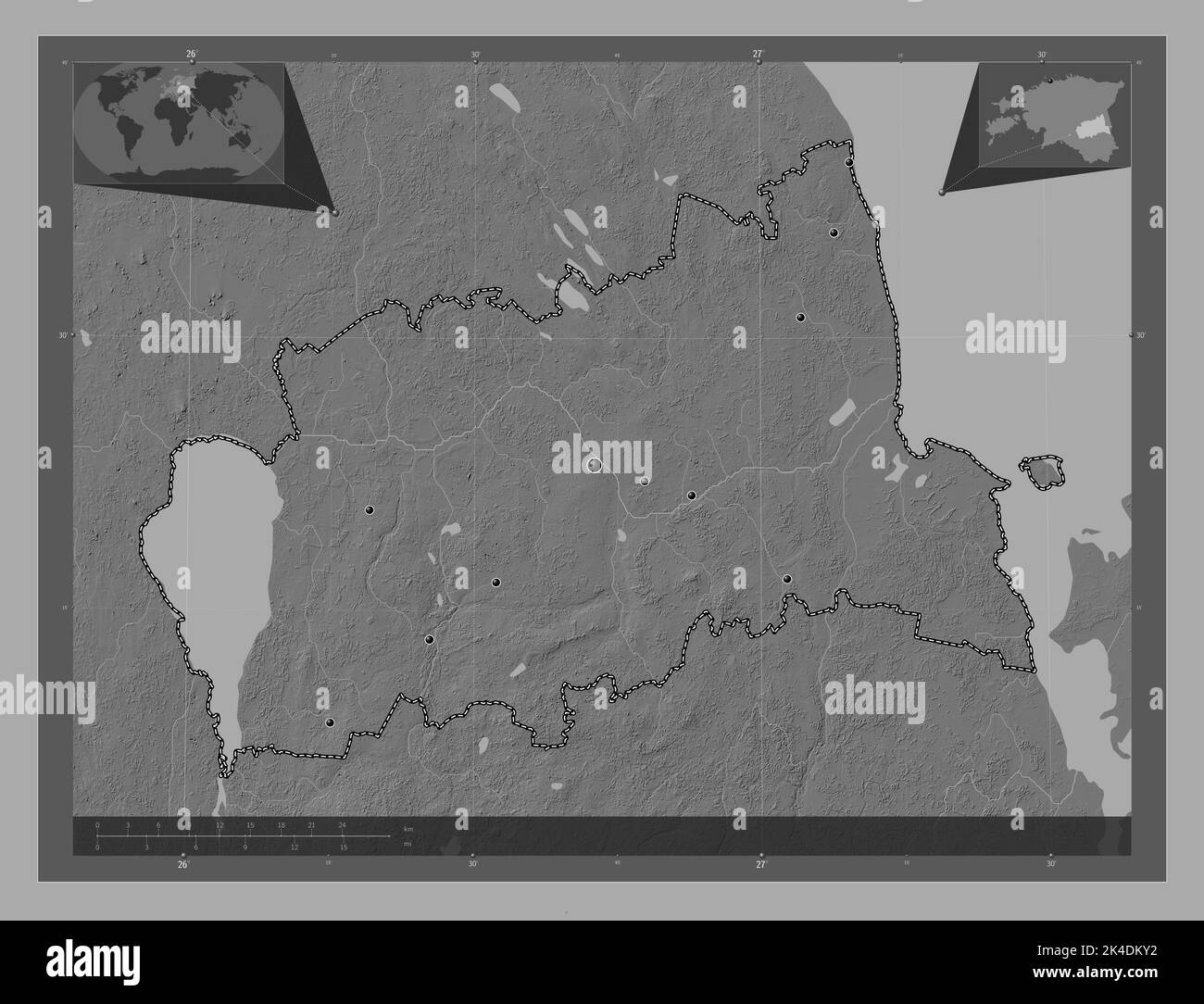 Tartu, county of Estonia. Bilevel elevation map with lakes and rivers ...