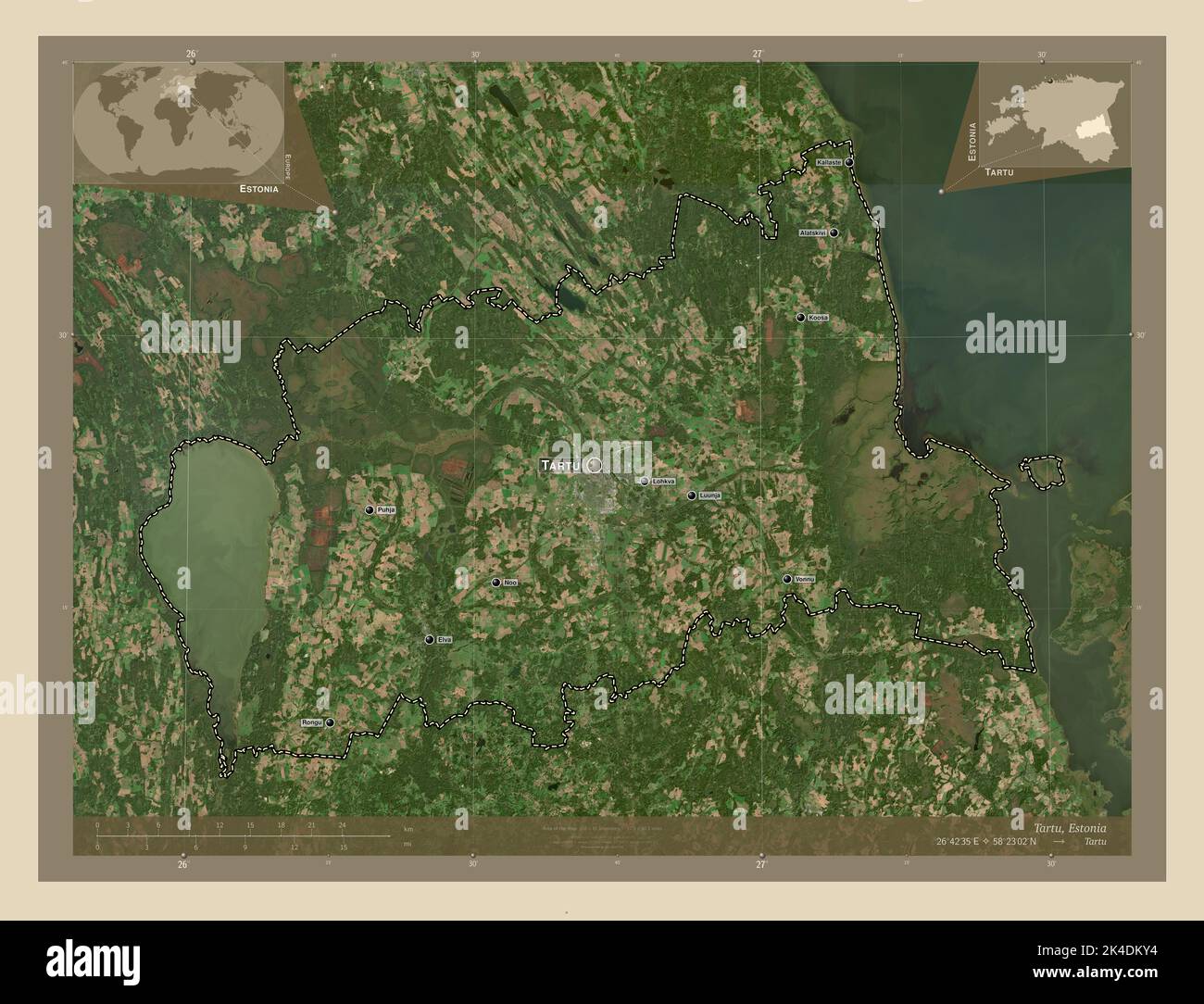 Tartu, county of Estonia. High resolution satellite map. Locations and ...