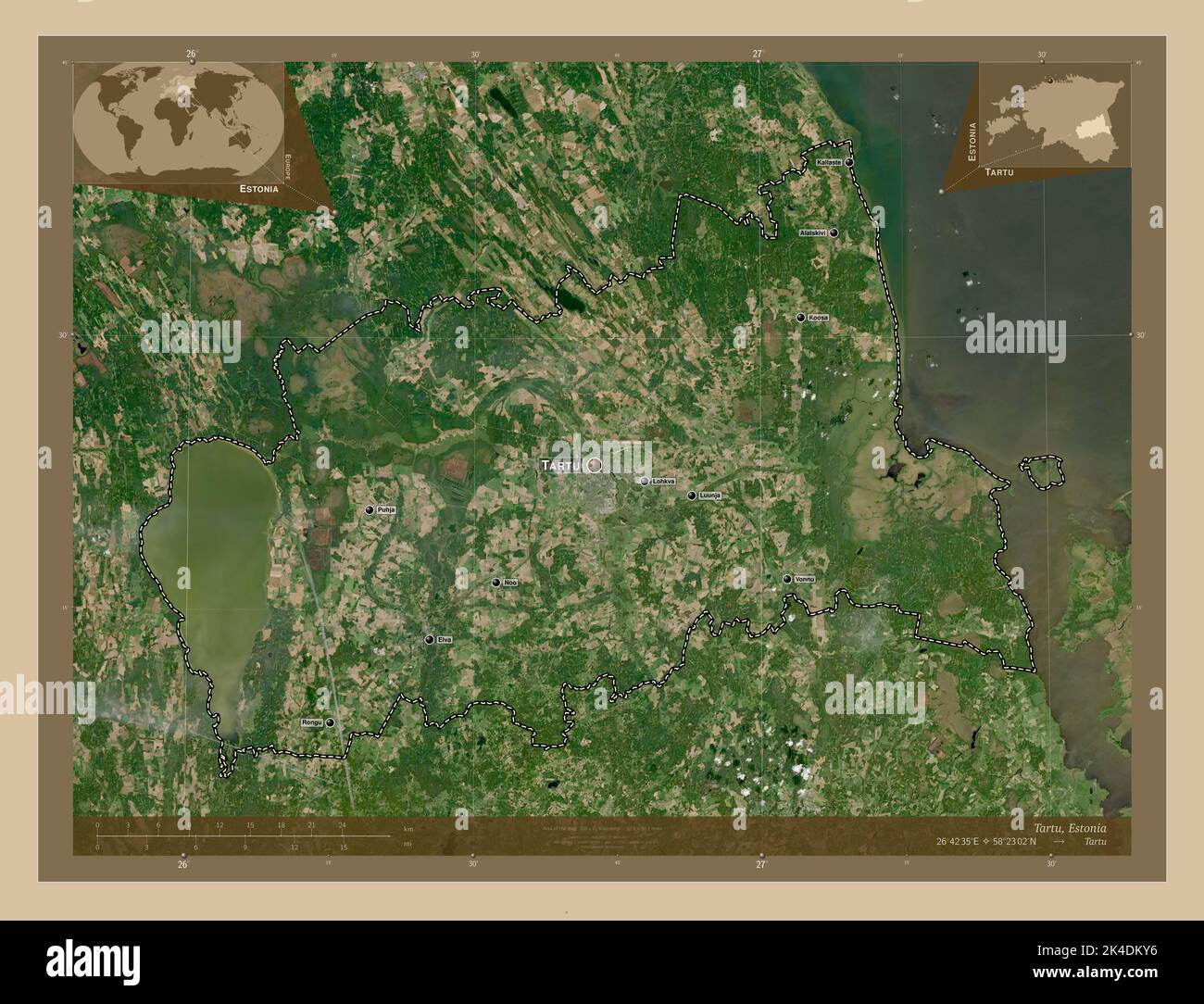 Tartu, county of Estonia. Low resolution satellite map. Locations and ...