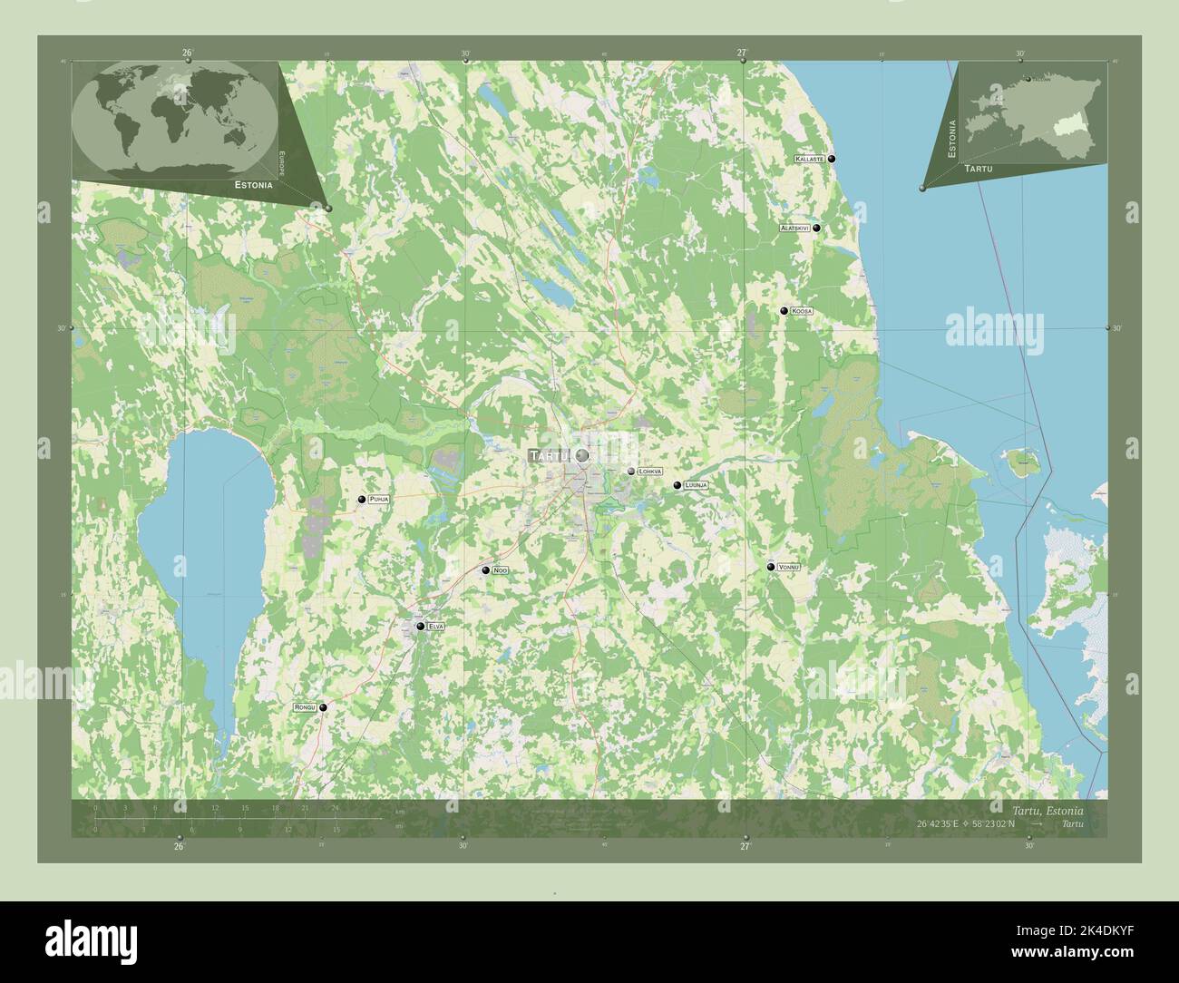 Tartu, county of Estonia. Open Street Map. Locations and names of major ...