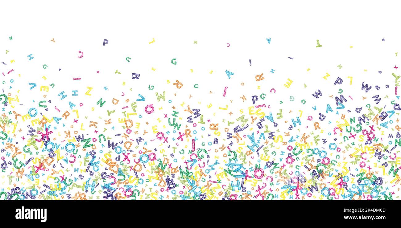 Falling letters of English language. Colorful messy sketch flying words ...