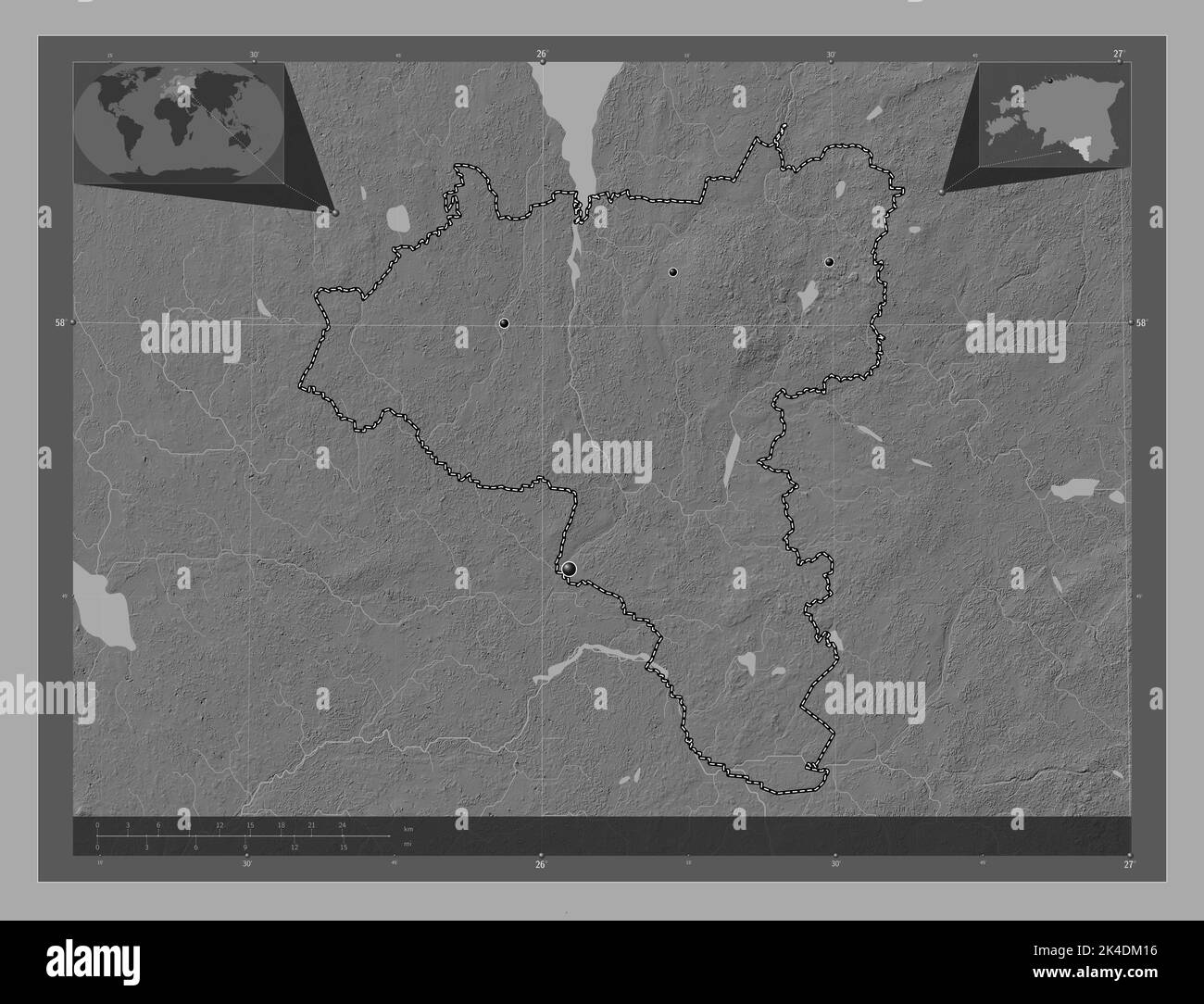 Valga, county of Estonia. Bilevel elevation map with lakes and rivers ...
