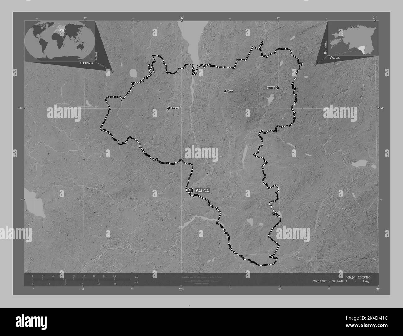 Valga, county of Estonia. Grayscale elevation map with lakes and rivers ...