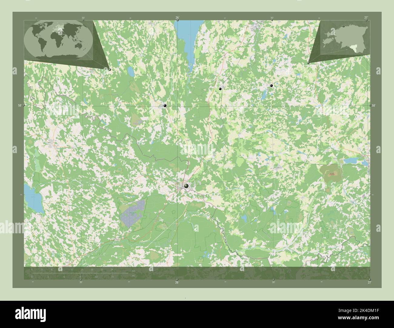 Valga, county of Estonia. Open Street Map. Locations of major cities of ...
