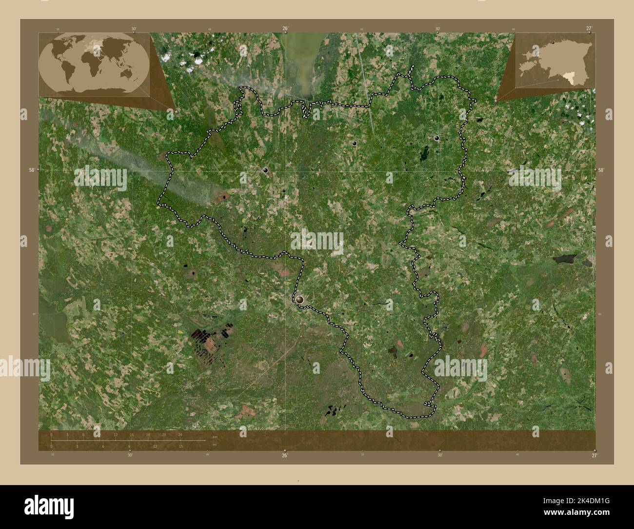 Valga, county of Estonia. Low resolution satellite map. Locations of ...