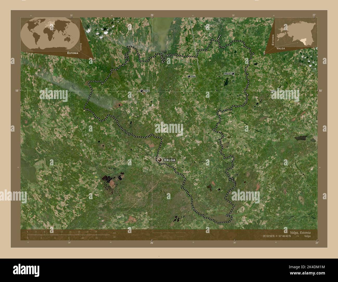 Valga, county of Estonia. Low resolution satellite map. Locations and ...