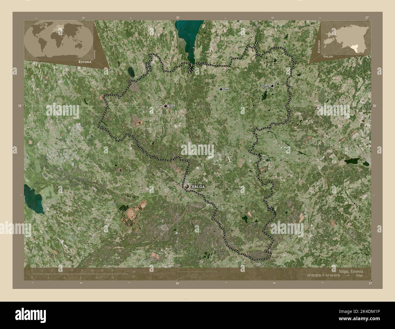 Valga, county of Estonia. High resolution satellite map. Locations and ...