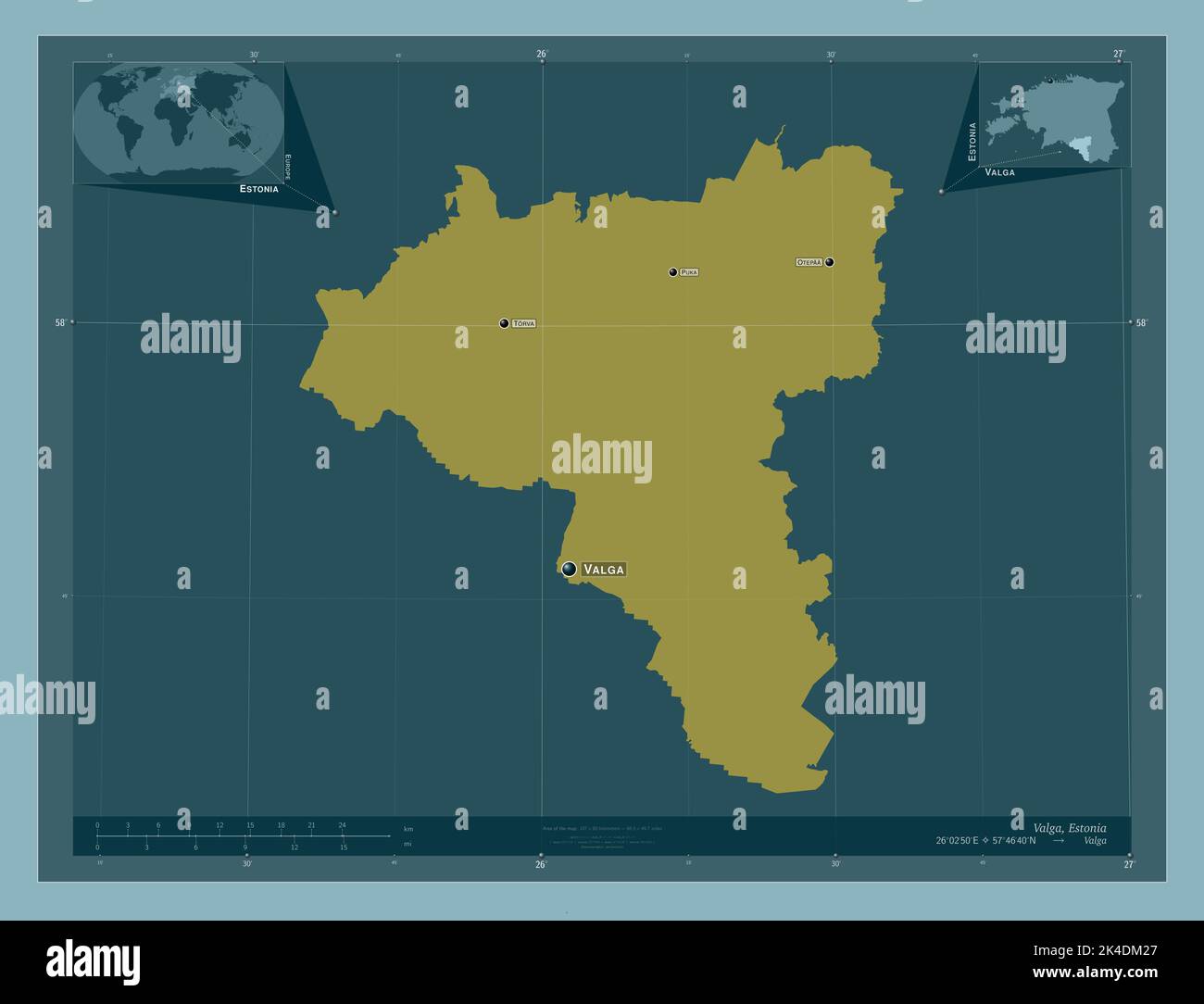 Valga, county of Estonia. Solid color shape. Locations and names of ...