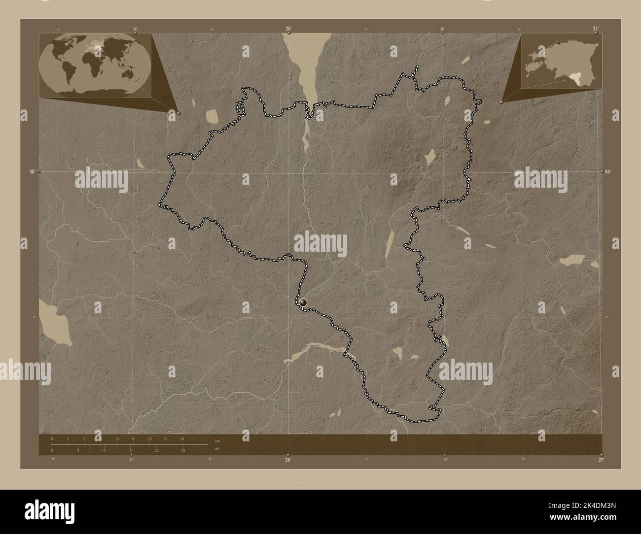 Valga, county of Estonia. Elevation map colored in sepia tones with ...